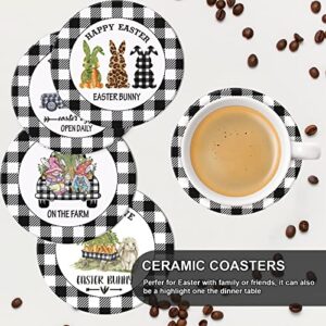 Whaline Easter Coaster 4Pcs Easter Farmhouse Drink Coaster White Black Buffalo Plaids Bunny Rabbit Truck Ceramic Coaster Cup Mat for Mugs Cups Home Kitchen Party Supplies, 4.1 x 0.3 Inch