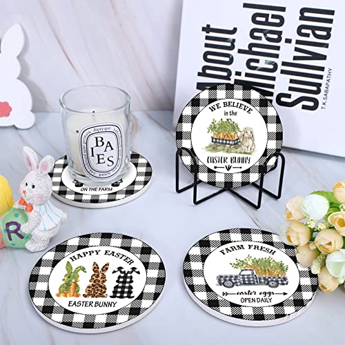 Whaline Easter Coaster 4Pcs Easter Farmhouse Drink Coaster White Black Buffalo Plaids Bunny Rabbit Truck Ceramic Coaster Cup Mat for Mugs Cups Home Kitchen Party Supplies, 4.1 x 0.3 Inch