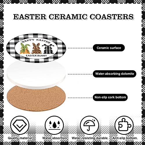 Whaline Easter Coaster 4Pcs Easter Farmhouse Drink Coaster White Black Buffalo Plaids Bunny Rabbit Truck Ceramic Coaster Cup Mat for Mugs Cups Home Kitchen Party Supplies, 4.1 x 0.3 Inch