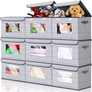 8 pack foldable nursery storage bins 40l collapsible closet organizer bins organizer basket with flip top lid fabric storage box with window for nursery clothes toys books closet shelves, gray