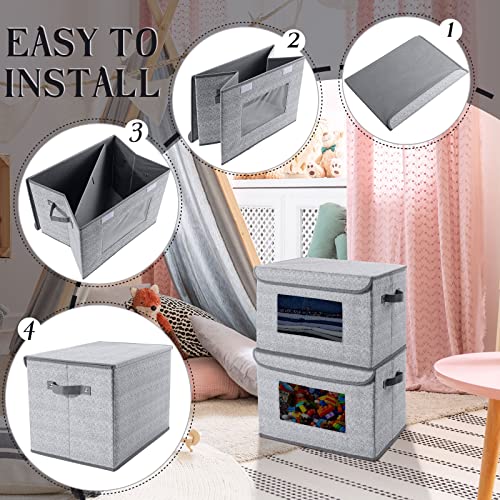 8 Pack Foldable Nursery Storage Bins 40L Collapsible Closet Organizer Bins Organizer Basket with Flip Top Lid Fabric Storage Box with Window for Nursery Clothes Toys Books Closet Shelves, Gray