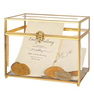 redhugo 10×5.5×7.7 inches gold glass card box handmade with slot, wedding card boxes for reception, graduation, gift cards, party, brass geometric terrarium, golden decorative box, medium