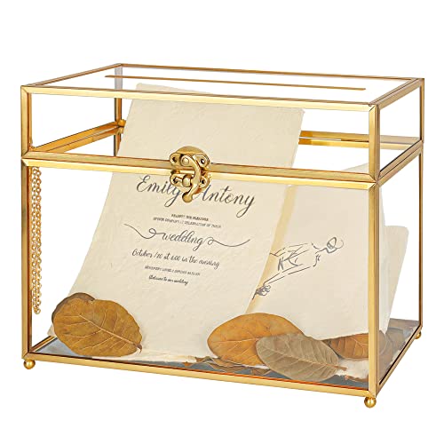 REDHUGO 10x5.5x7.7 inches Gold Glass Card Box Handmade with Slot, Wedding Card Boxes for Reception, Graduation, Gift Cards, Party, Brass Geometric Terrarium, Golden Decorative Box, Medium