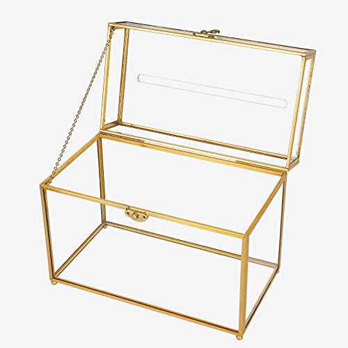 REDHUGO 10x5.5x7.7 inches Gold Glass Card Box Handmade with Slot, Wedding Card Boxes for Reception, Graduation, Gift Cards, Party, Brass Geometric Terrarium, Golden Decorative Box, Medium