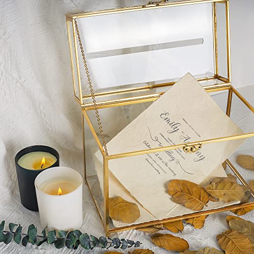 REDHUGO 10x5.5x7.7 inches Gold Glass Card Box Handmade with Slot, Wedding Card Boxes for Reception, Graduation, Gift Cards, Party, Brass Geometric Terrarium, Golden Decorative Box, Medium