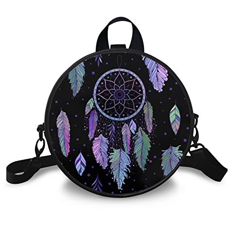 TOADDMOS Feather Dreamcatcher Mini Round Backpack Purse for Girls, Zip Leather Travel Backpack for Women Casual Daypacks.