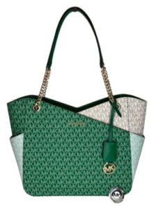 michael kors jet set travel large chain shoulder tote bundled purse hook (palmetto green mk colorblock)