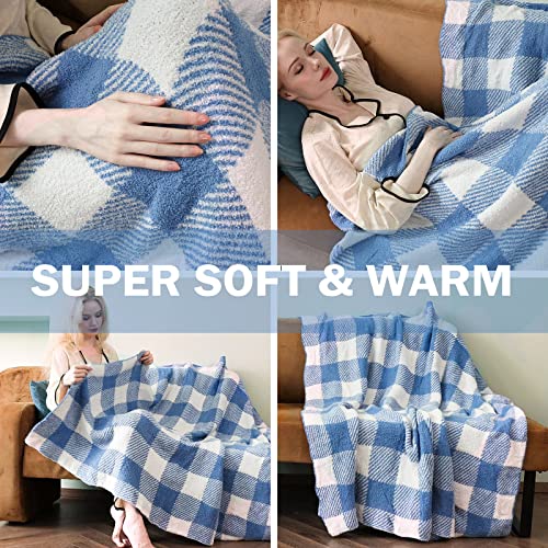 Buffalo Plaid Throw Blanket for Couch Sofa Bed Soft Cozy Fleece Warm Blue and White Checker Plaid Pattern Decorative Lightweight Fluffy Microfiber Checkered Blankets for All Seasons 50''x60''