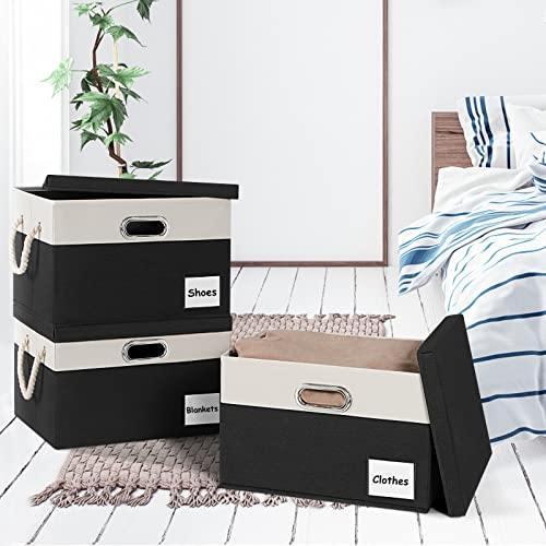 ASXSONN Large Storage Bins with Lids, Fabric Storage Bins with Label & 3 Handles, Foldable Storage Boxes with Lids, Storage Baskets with Lids for Organizing Home Office (15"x11"x9.6", Black&White, 3 Pack)