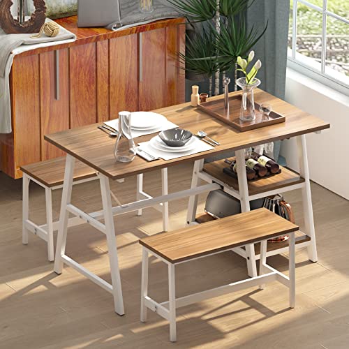 SogesPower 3-Piece Dining Table Set, Breakfast Table with 2 Benches, 4-Person Space-Saving Table Set for Kitchen Dining Room Living Room Restaurant, 47" Oak