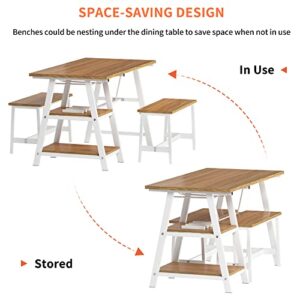 SogesPower 3-Piece Dining Table Set, Breakfast Table with 2 Benches, 4-Person Space-Saving Table Set for Kitchen Dining Room Living Room Restaurant, 47" Oak