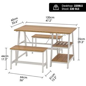 SogesPower 3-Piece Dining Table Set, Breakfast Table with 2 Benches, 4-Person Space-Saving Table Set for Kitchen Dining Room Living Room Restaurant, 47" Oak