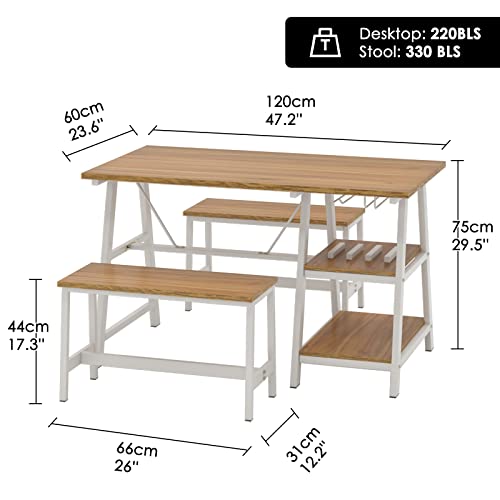 SogesPower 3-Piece Dining Table Set, Breakfast Table with 2 Benches, 4-Person Space-Saving Table Set for Kitchen Dining Room Living Room Restaurant, 47" Oak