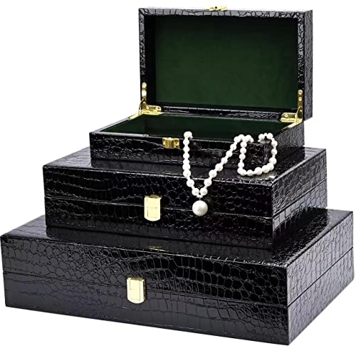 SYYSY Black Leather Decorative Box Set of 3 with Lock Latch,Decorative Boxes with lids for home decor Large Modern Jewelry Box Organizer