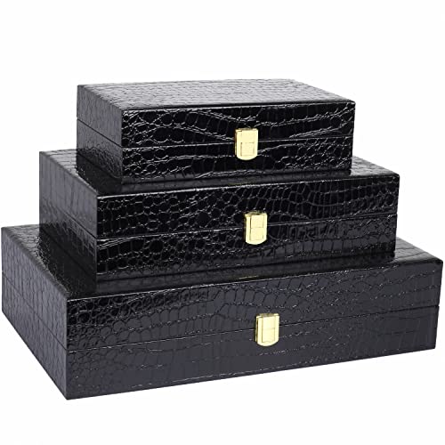 SYYSY Black Leather Decorative Box Set of 3 with Lock Latch,Decorative Boxes with lids for home decor Large Modern Jewelry Box Organizer