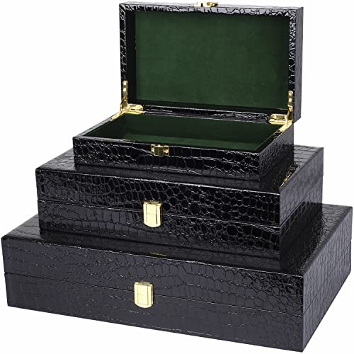 SYYSY Black Leather Decorative Box Set of 3 with Lock Latch,Decorative Boxes with lids for home decor Large Modern Jewelry Box Organizer