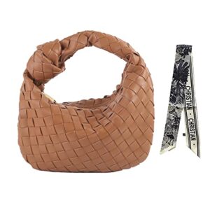 women kontted woven bag handbag hobo bag leather woven fashion designer ladies clutch purse dumpling shoulder bag for women (caramel brown)