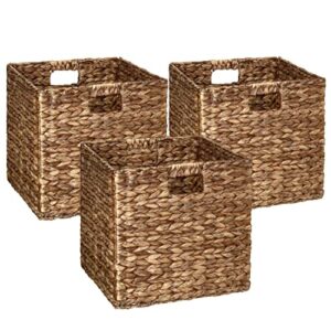 isvie woven hyacinth storage baskets 3 pack, rectangle storage container organizer baskets with built-in handles home organizing laundry organizer cube baskets (brown, set of 3)