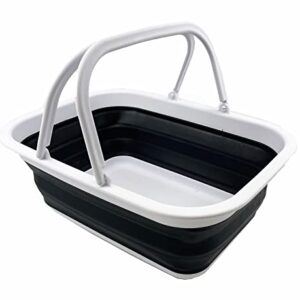 SAMMART 9.2L (2.37Gallon) Collapsible Tub with Handle - Portable Outdoor Picnic Basket / Crater - Foldable Shopping Bag - Space Saving Storage Container (White/Charcoal Black)