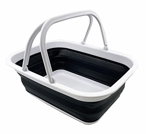 SAMMART 9.2L (2.37Gallon) Collapsible Tub with Handle - Portable Outdoor Picnic Basket / Crater - Foldable Shopping Bag - Space Saving Storage Container (White/Charcoal Black)