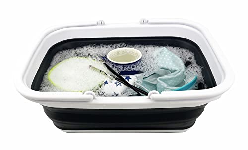 SAMMART 9.2L (2.37Gallon) Collapsible Tub with Handle - Portable Outdoor Picnic Basket / Crater - Foldable Shopping Bag - Space Saving Storage Container (White/Charcoal Black)