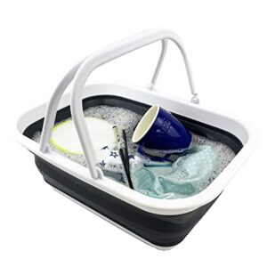 SAMMART 9.2L (2.37Gallon) Collapsible Tub with Handle - Portable Outdoor Picnic Basket / Crater - Foldable Shopping Bag - Space Saving Storage Container (White/Charcoal Black)