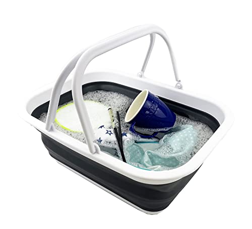 SAMMART 9.2L (2.37Gallon) Collapsible Tub with Handle - Portable Outdoor Picnic Basket / Crater - Foldable Shopping Bag - Space Saving Storage Container (White/Charcoal Black)