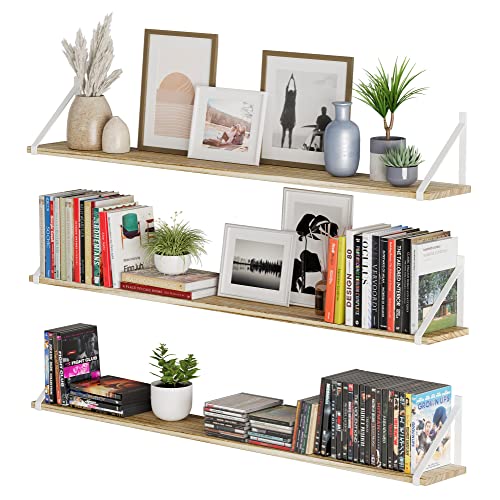 Wallniture Bora Long Floating Shelves, 48"x6" Wall Bookshelf Living Room Decor, Rustic Wall Shelves for Bedroom Decor, Office & Kitchen Wall Mounted Shelves, Bathroom Wall Shelf Set of 3, Burnt