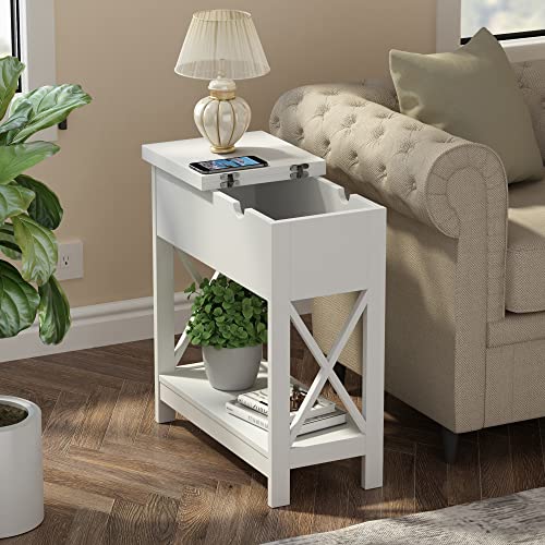 ChooChoo End Table, Narrow Flip Top Side Table for Small Spaces, Bedside Table with Open Storage Shelf, Nightstand Sofa Table for Living Room, Bedroom White