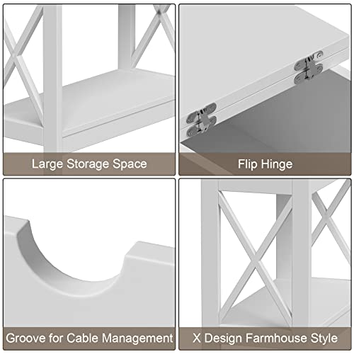 ChooChoo End Table, Narrow Flip Top Side Table for Small Spaces, Bedside Table with Open Storage Shelf, Nightstand Sofa Table for Living Room, Bedroom White