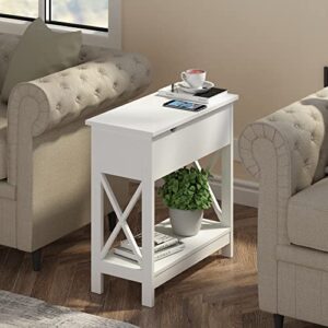 ChooChoo End Table, Narrow Flip Top Side Table for Small Spaces, Bedside Table with Open Storage Shelf, Nightstand Sofa Table for Living Room, Bedroom White