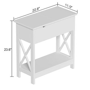 ChooChoo End Table, Narrow Flip Top Side Table for Small Spaces, Bedside Table with Open Storage Shelf, Nightstand Sofa Table for Living Room, Bedroom White