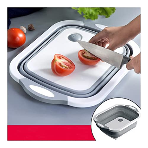 MMOOCO Chopping Board, Folding Cutting Board Washable Vegetables Multifunction Drain Basket Camping Kitchen Storage Organizer Kitchen Chopping Board (Color : Grey)