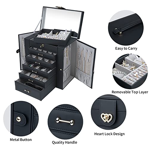 V-LAFUY Large Jewelry Organizer Box Black Jewelry Box, Large Jewelry Organizers Jewelry Boxes for Women to Storage Earrings Rings Necklaces Bracelets, Best Gift for Valentine's Day, Black