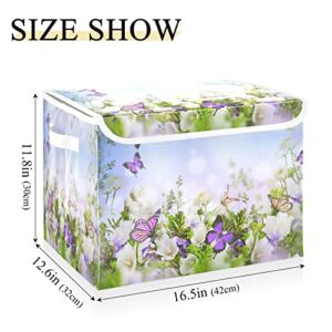 Kigai Butterfly Wildflower Storage Basket with Lids and Handles,Collapsible Storage Bins Organizer for Bedroom Organization,Office Storage,Toys,16.5x12.6x11.8 In