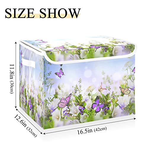 Kigai Butterfly Wildflower Storage Basket with Lids and Handles,Collapsible Storage Bins Organizer for Bedroom Organization,Office Storage,Toys,16.5x12.6x11.8 In