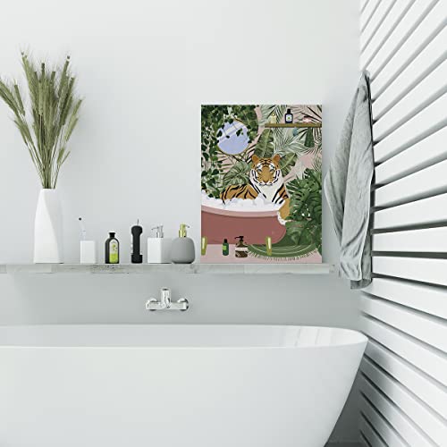 Tiger in Bathtub Canvas Poster Painting Bathroom Wall Art, Boho Jungle Picture Artwork Framed Botanical Print Ready to Hang for Restroom Toilet Wall Decor 12 x 15 inch