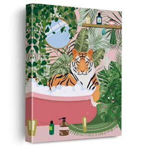 tiger in bathtub canvas poster painting bathroom wall art, boho jungle picture artwork framed botanical print ready to hang for restroom toilet wall decor 12 x 15 inch