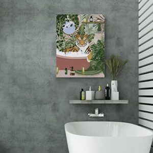 Tiger in Bathtub Canvas Poster Painting Bathroom Wall Art, Boho Jungle Picture Artwork Framed Botanical Print Ready to Hang for Restroom Toilet Wall Decor 12 x 15 inch