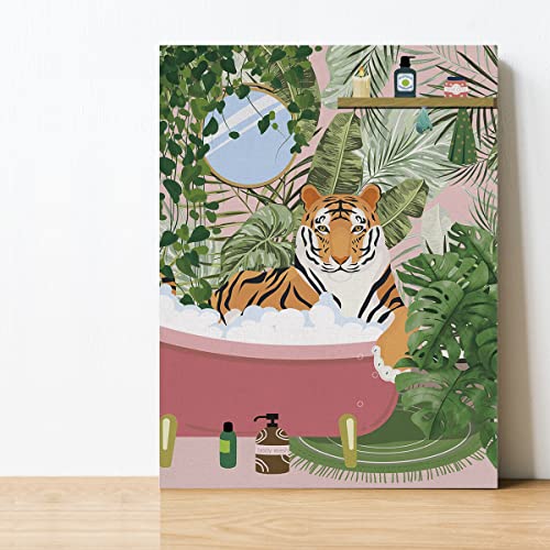 Tiger in Bathtub Canvas Poster Painting Bathroom Wall Art, Boho Jungle Picture Artwork Framed Botanical Print Ready to Hang for Restroom Toilet Wall Decor 12 x 15 inch