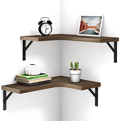 EACHPAI Floating Corner Shelves for Wall Décor Storage, Wall Shelves Set of 2, Wall Mounted Wood Shelves for Home Decor, Bedroom, Living Room, Bathroom, Kitchen, Office (Brown)