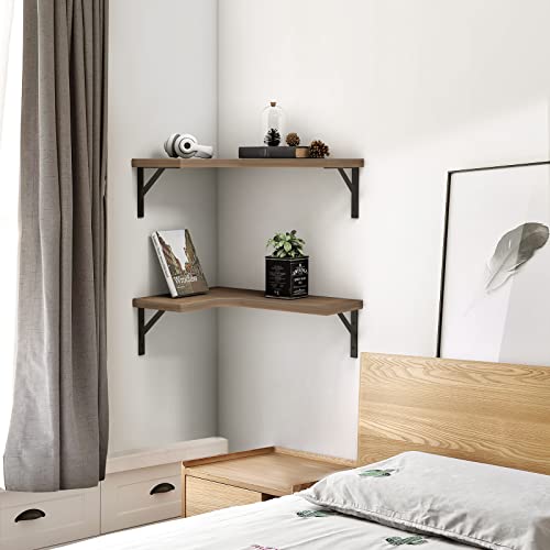 EACHPAI Floating Corner Shelves for Wall Décor Storage, Wall Shelves Set of 2, Wall Mounted Wood Shelves for Home Decor, Bedroom, Living Room, Bathroom, Kitchen, Office (Brown)