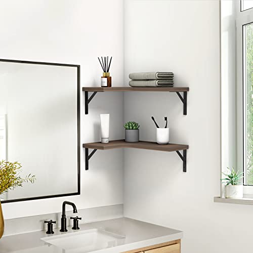 EACHPAI Floating Corner Shelves for Wall Décor Storage, Wall Shelves Set of 2, Wall Mounted Wood Shelves for Home Decor, Bedroom, Living Room, Bathroom, Kitchen, Office (Brown)