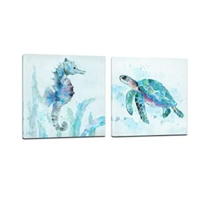 zessonic sea turtle wall decor for bathroom – teal sea turtle and seahorse coastal artwork with texture wall art for kids room, nursery room, 12″x12″x2