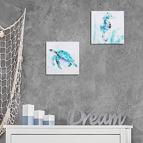 Zessonic Sea Turtle Wall Decor for Bathroom - Teal Sea Turtle And Seahorse Coastal Artwork with Texture Wall Art for Kids Room, Nursery Room, 12"x12"x2