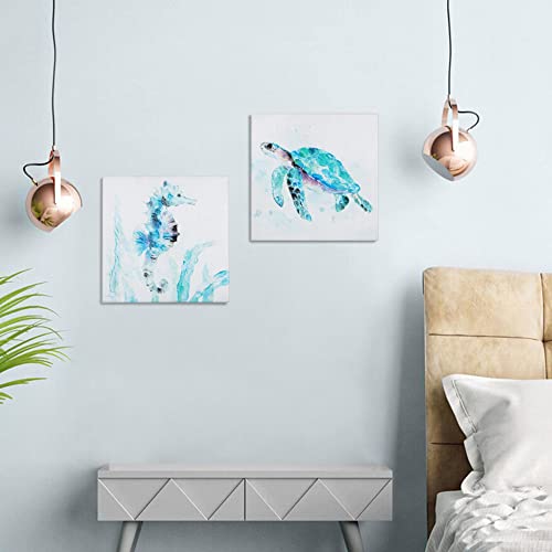 Zessonic Sea Turtle Wall Decor for Bathroom - Teal Sea Turtle And Seahorse Coastal Artwork with Texture Wall Art for Kids Room, Nursery Room, 12"x12"x2