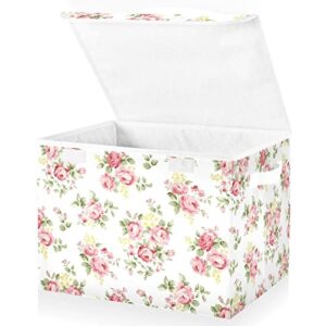 senya Flower Storage Baskets Collapsible Storage Bins with Lids, Pink Rose Flower Floral Storage Boxes Clothes Baskets for Organizing