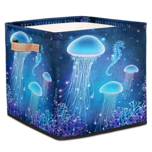 Jellyfish Sea Horse Sea Cube Storage Bins 13 Inch Fabric Storage Basket Square Storage Bins Collapsible Nursery Storage Bin Organizer Basket Storage Box for Shelves, Closet