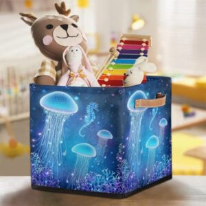 Jellyfish Sea Horse Sea Cube Storage Bins 13 Inch Fabric Storage Basket Square Storage Bins Collapsible Nursery Storage Bin Organizer Basket Storage Box for Shelves, Closet