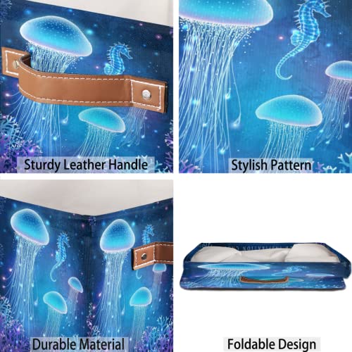 Jellyfish Sea Horse Sea Cube Storage Bins 13 Inch Fabric Storage Basket Square Storage Bins Collapsible Nursery Storage Bin Organizer Basket Storage Box for Shelves, Closet